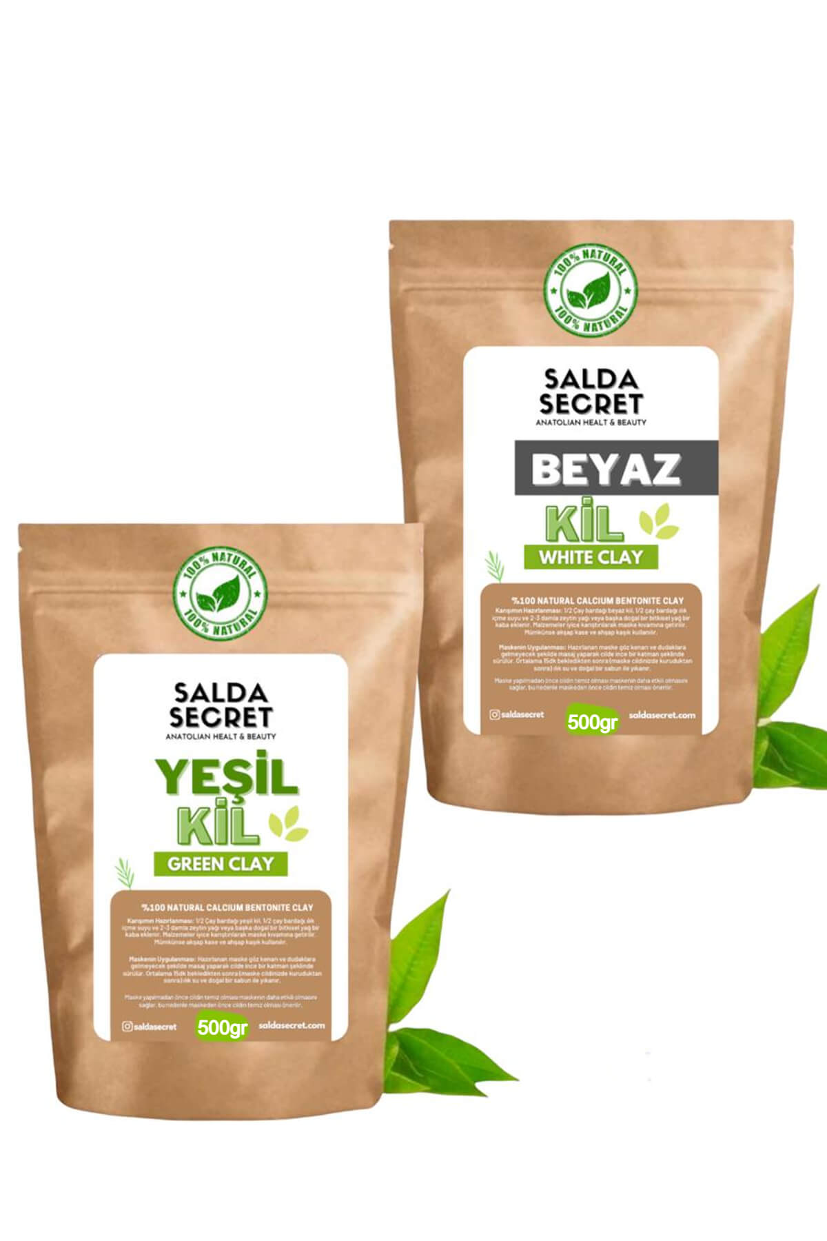 Salda Secret Yeşil Kil 500gr + Beyaz Kil 500gr Doğal Yüz Maskesi Toz ...